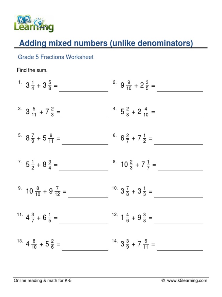 Adding Mixed Numbers (Unlike Denominators) : Grade 5 Fractions ...