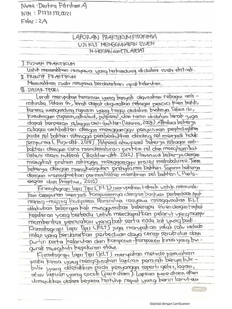 2A - Destira Fitriliani A - Laporan KLT Dengan Berbagai Eluen | PDF 2A - Destira Fitriliani A - Laporan KLT Dengan Berbagai Eluen | PDF