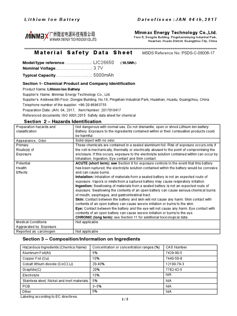 Material Safety Data Sheet: Minmax Energy Technology Co.,Ltd | PDF ...