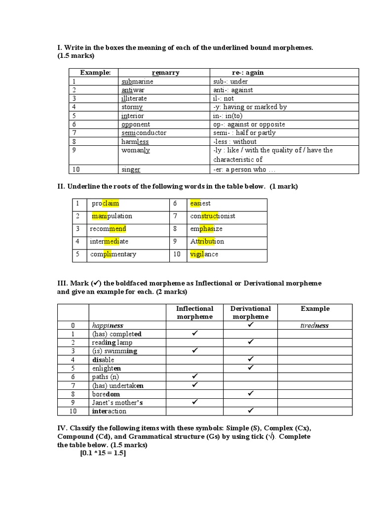 Morphology Key For Exercises | PDF | Word | Linguistics