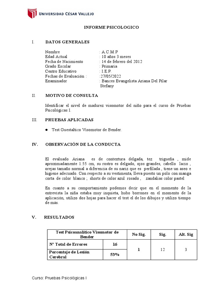 Informe Del Test de Bender | PDF | Sicología | Color