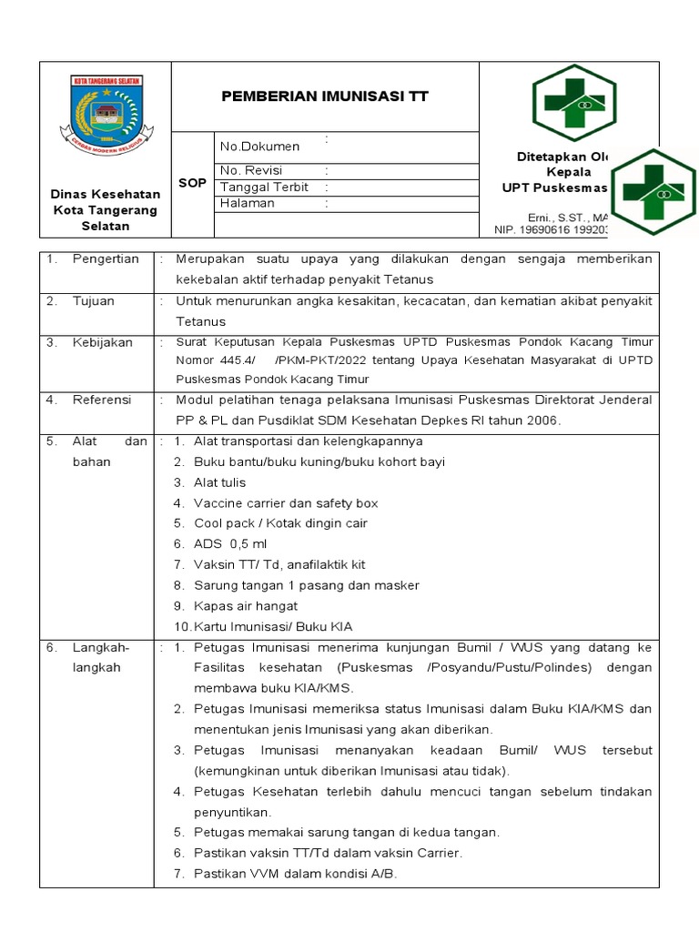 Sop Pemberian Imunisasi TT | PDF