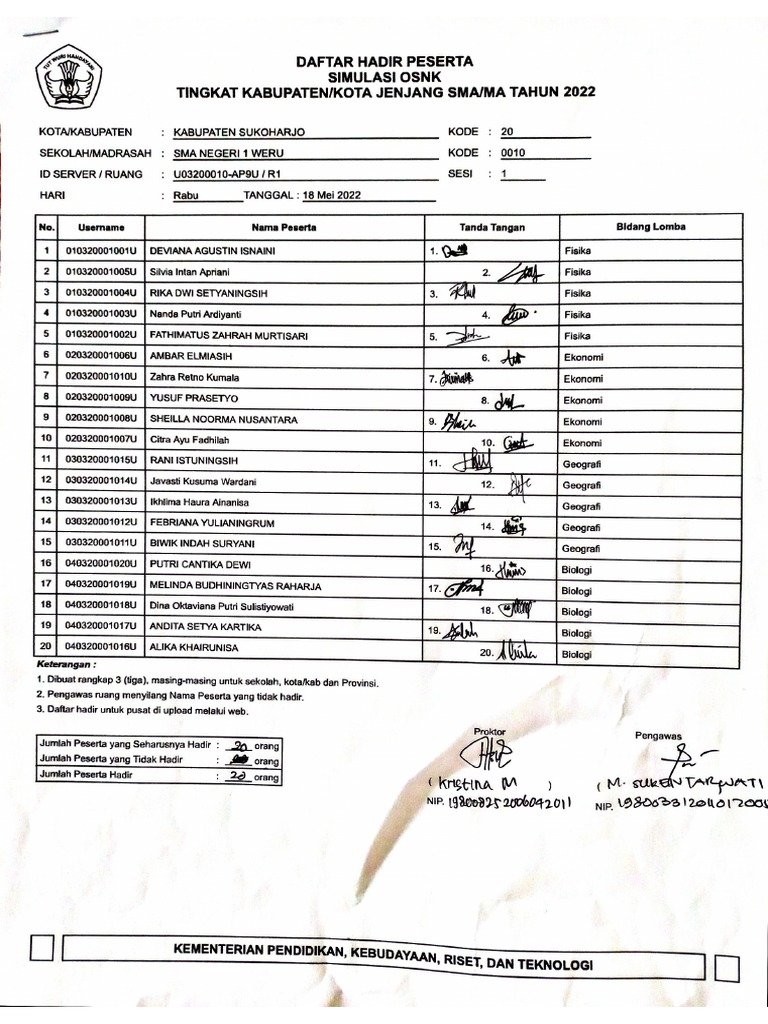 Daftar Hadir Simulasi OSN Day 1 | PDF