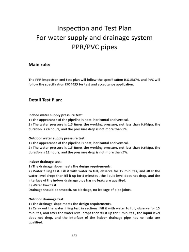 Inspection and Test Plan For PPR PVC | PDF | Technology & Engineering