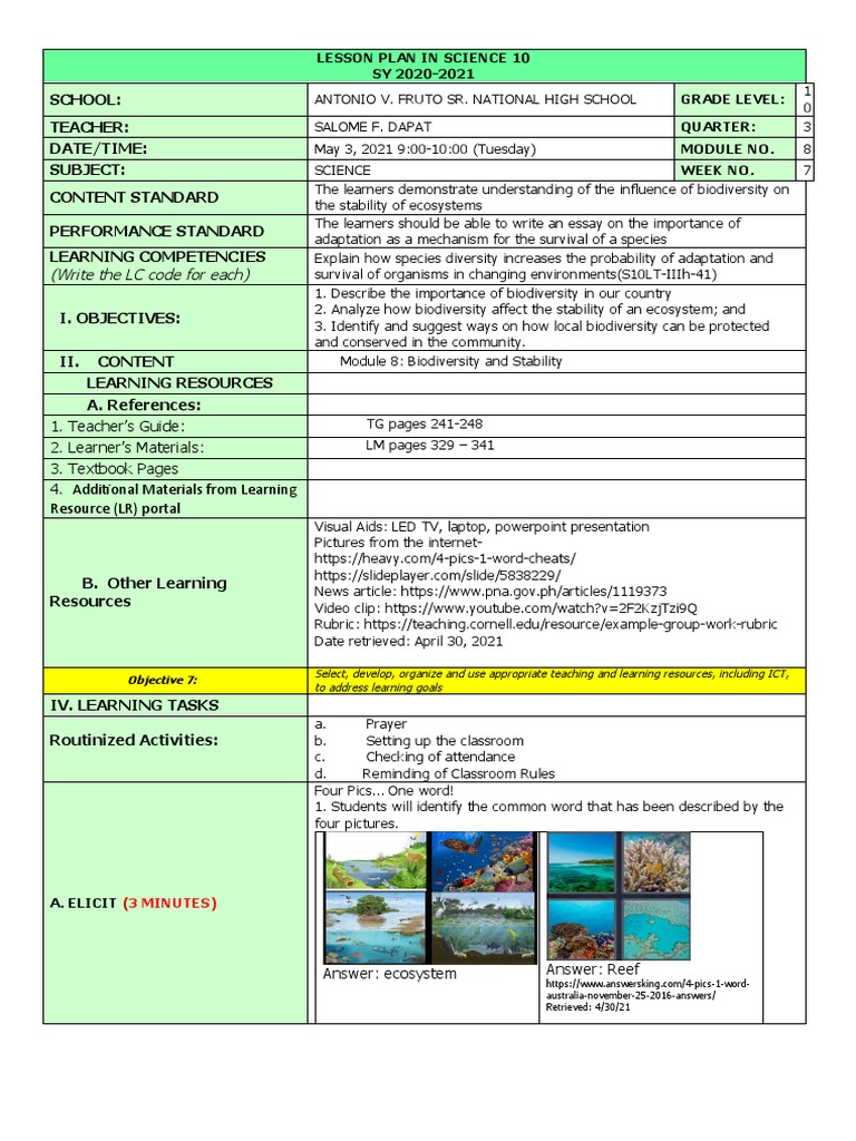 Lesson Plan in Science 8 | PDF | Learning | Biodiversity