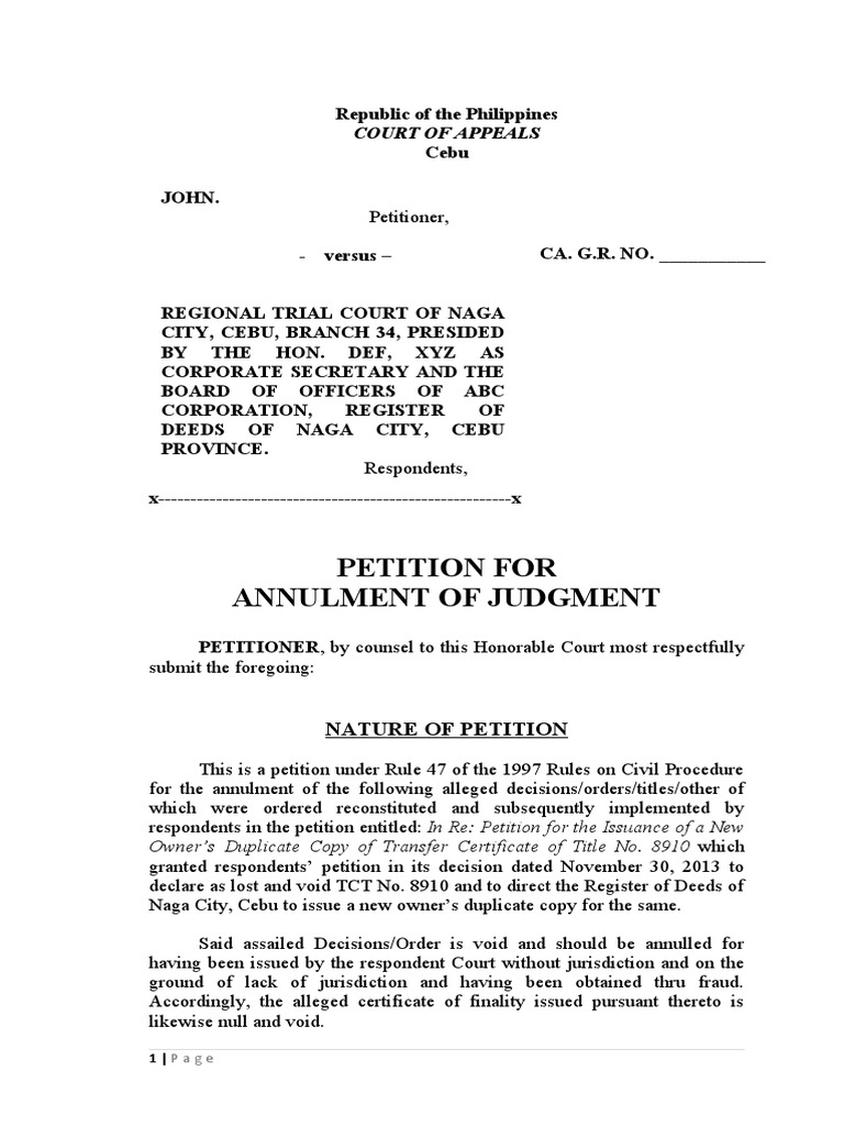 Petition For Annulment of Judgement by Alena IcaoAnotado in Civil ...