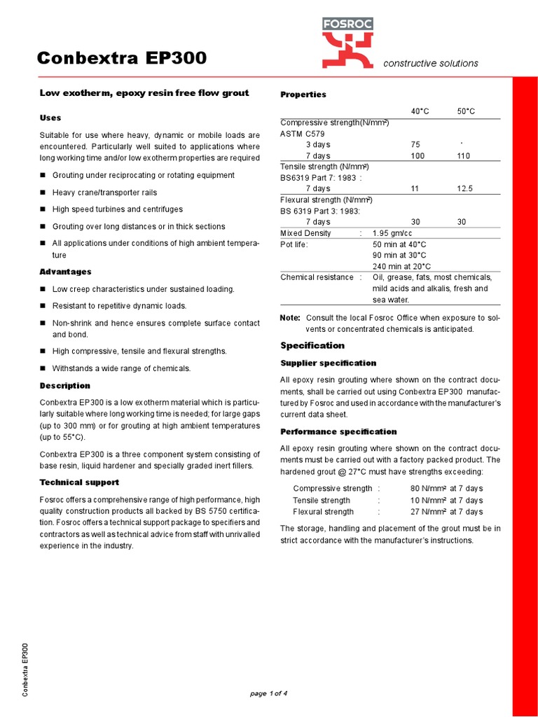 Conbextra EP300: Low Exotherm, Epoxy Resin Free Ow Grout | PDF | Epoxy ...
