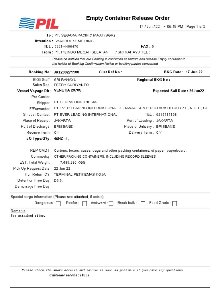 Empty Container Release Order | PDF | Freight Transport | Supply Chain ...