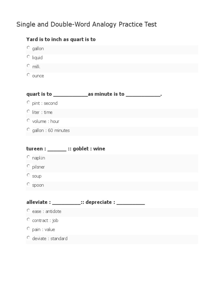 Single and Double-Word Analogy Practice Test No Answer | PDF | Gallon
