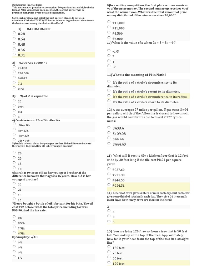 Mathematics Practice Exam | PDF | Test (Assessment) | Multiple Choice