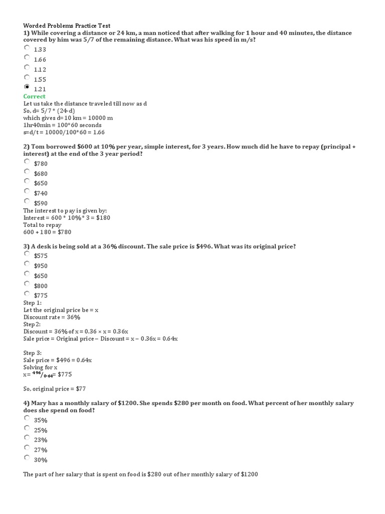 Worded Problems Practice Test | PDF | Speed | Interest