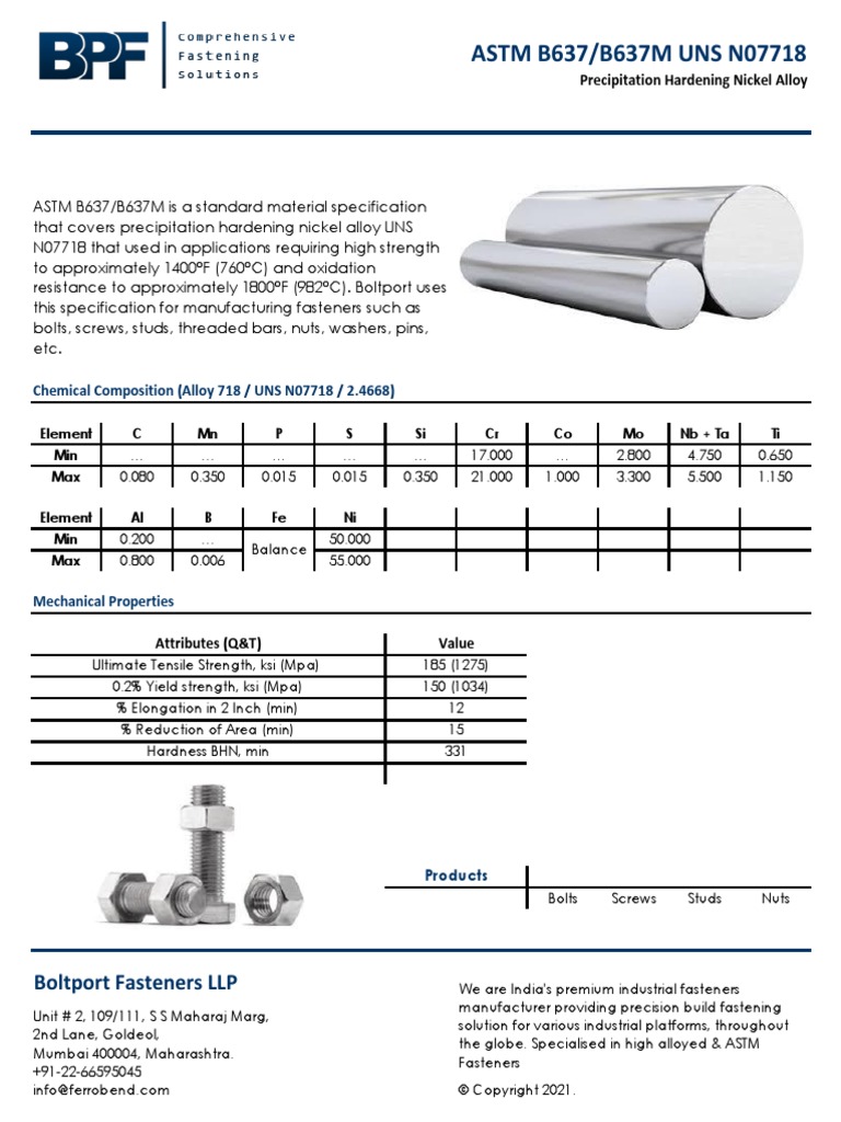 ASTM B637/B637M UNS N07718: Precipitation Hardening Nickel Alloy | PDF | Screw | Chemical Substances