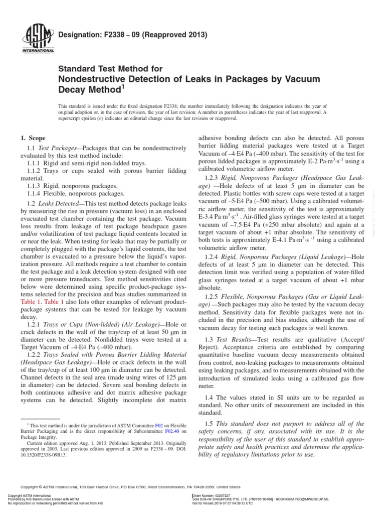 Nondestructive Detection of Leaks in Packages by Vacuum Decay Method ...