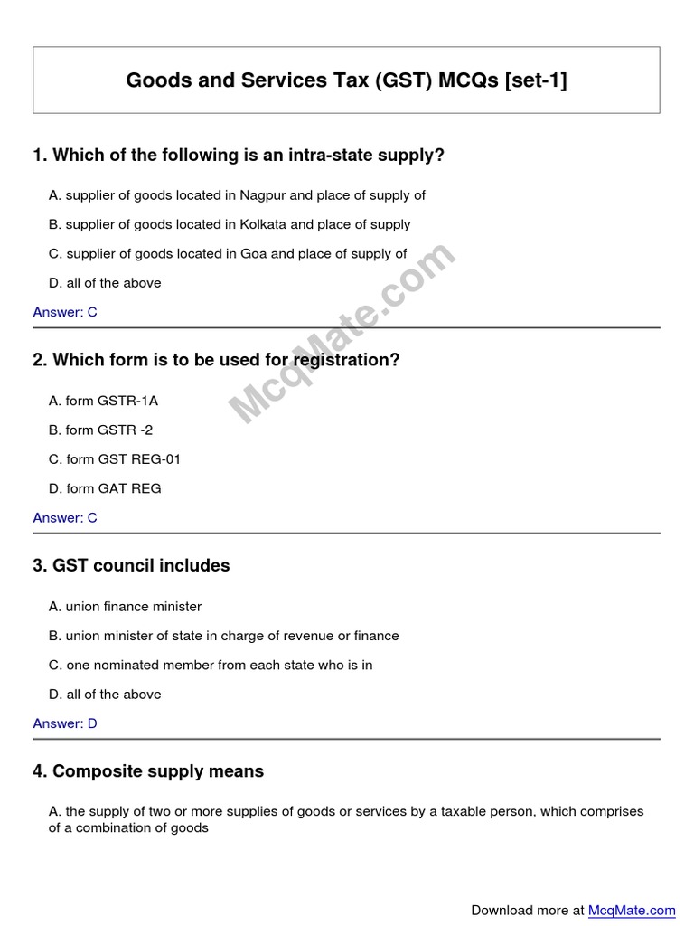 Goods-And-Services-Tax-Gst Solved MCQs (Set-1) | PDF | Value Added Tax ...