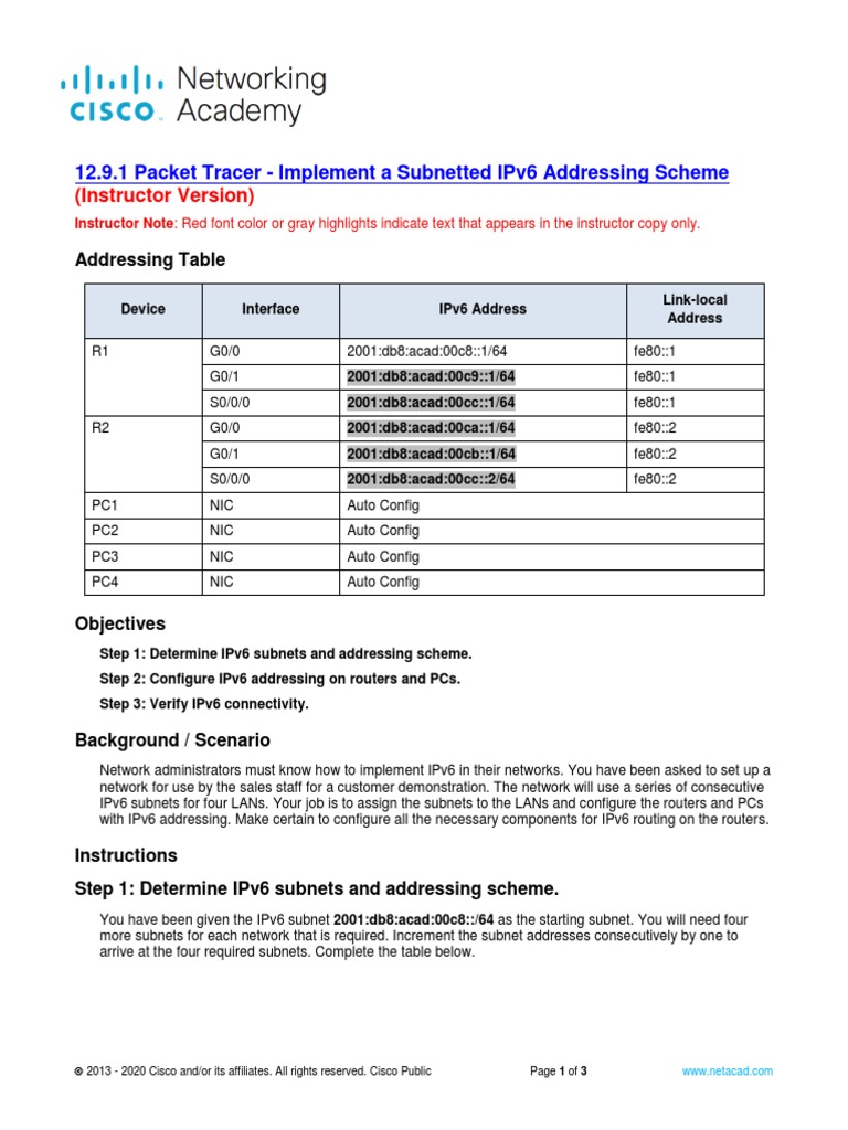 12.9.2 Packet Tracer - Implement A Subnetted IPv6 Addressing Scheme | PDF | I Pv6 | Network ...