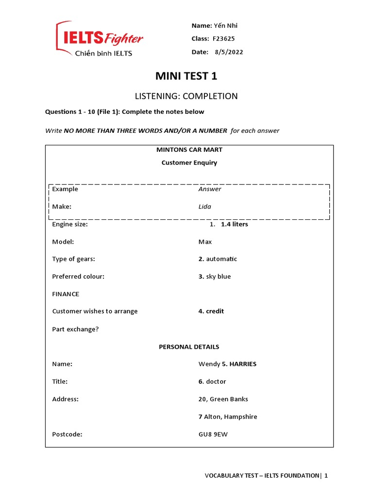 Mini Test 1: Listening: Completion | PDF | International English ...