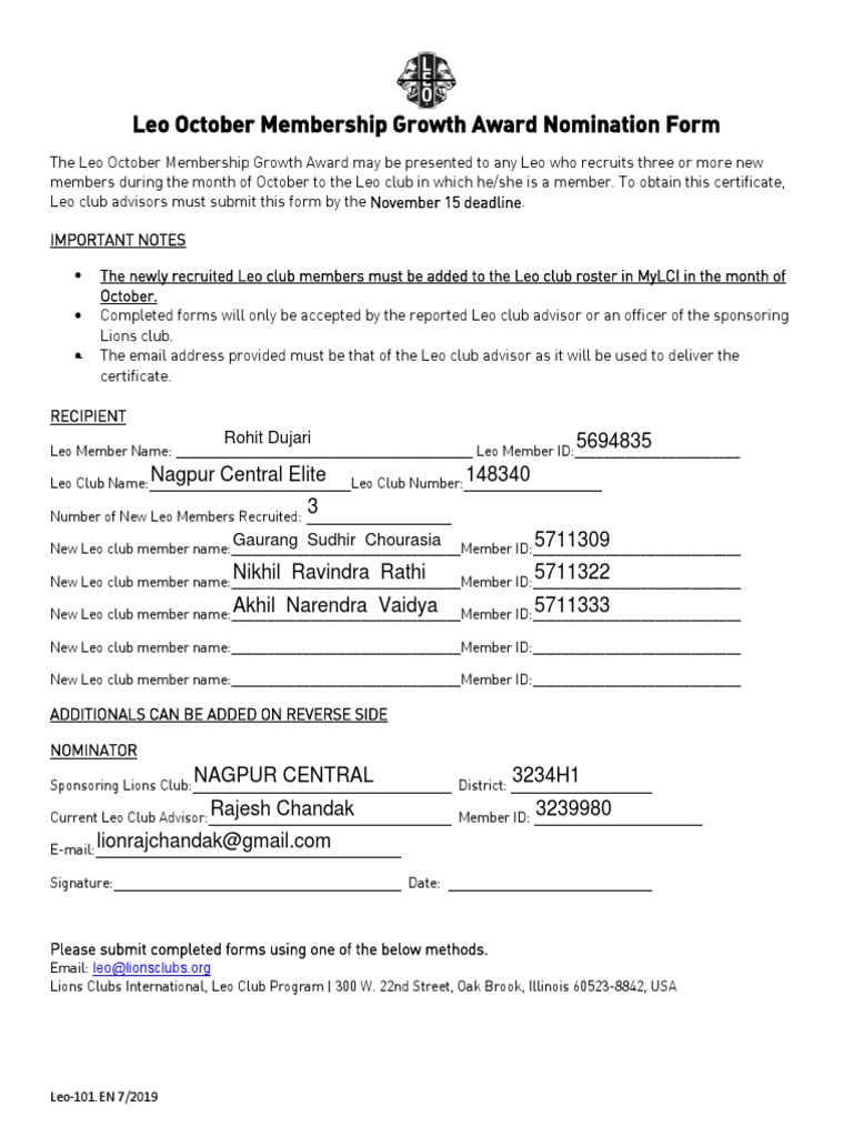 Leo October Membership Growth Award Form | PDF | Sports & Recreation
