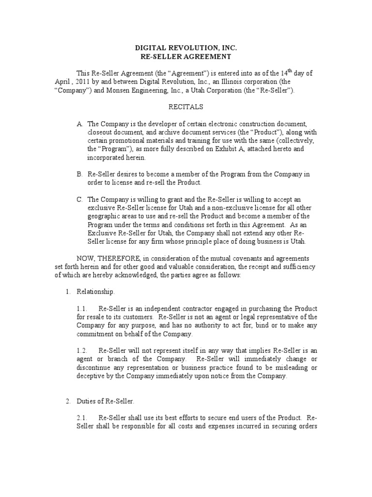 Digital Revolution, Inc. Re-Seller Agreement | PDF | Indemnity ...