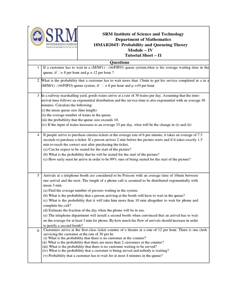 SRM Institute of Science and Technology Department of Mathematics 18MAB204T-Probability and ...