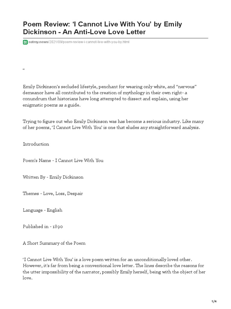Oem Review I Cannot Live With You by Emily Dickinson - An Anti-Love ...