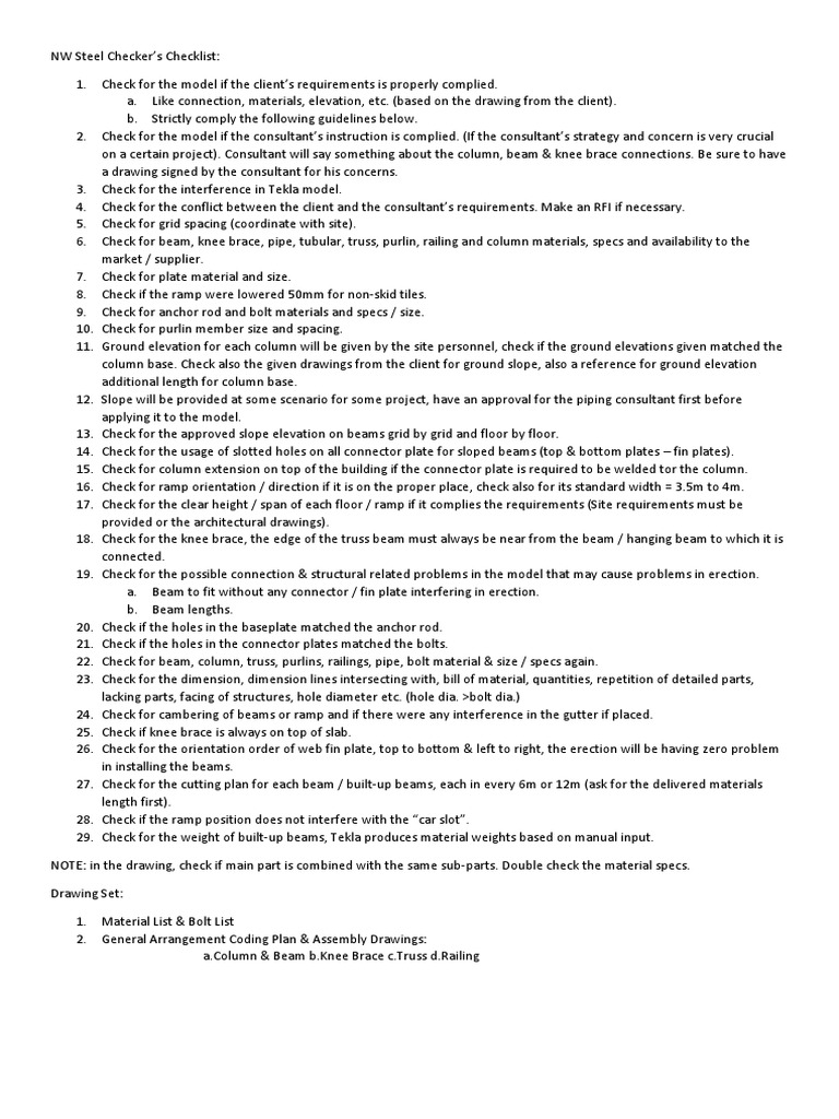 NW Steel Checker Checklist | PDF | Truss | Economic Sectors