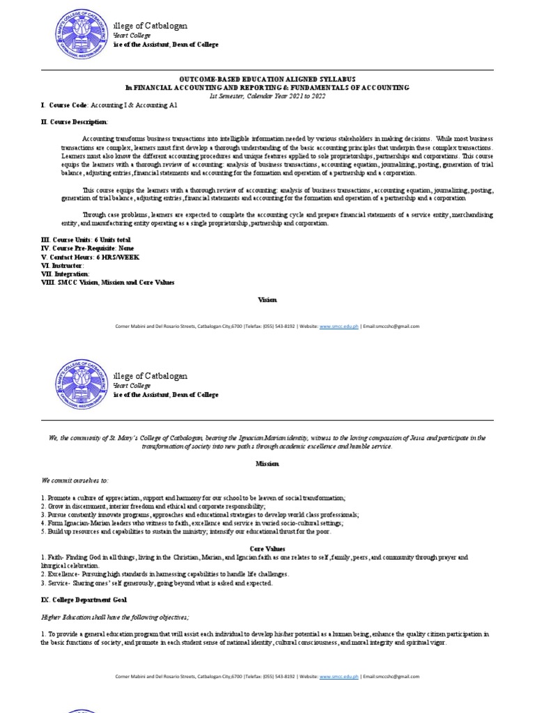 Syllabus Fundamentals of Accounting 2021 | PDF | Accounting | Financial ...