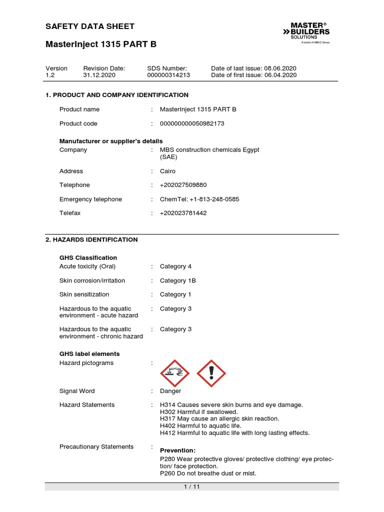 MasterInject 1315 Part B Safety Data Sheet | PDF | Toxicity | Dangerous ...
