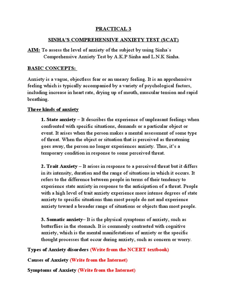 Sinha s Comprehensive Anxiety Test Scat Practical 2 Xii PDF Anxiety
