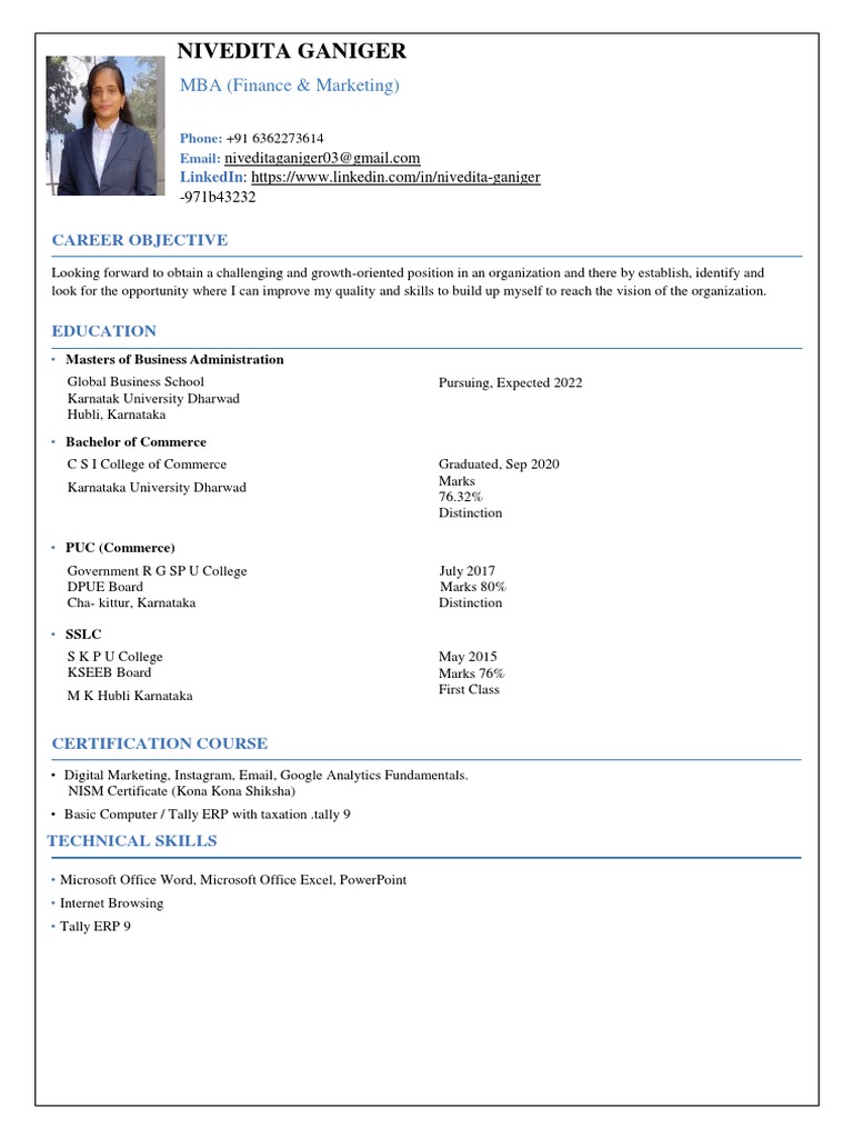 Resume of Nivedita Ganiger outlining her education, skills, projects, and experience seeking a ...