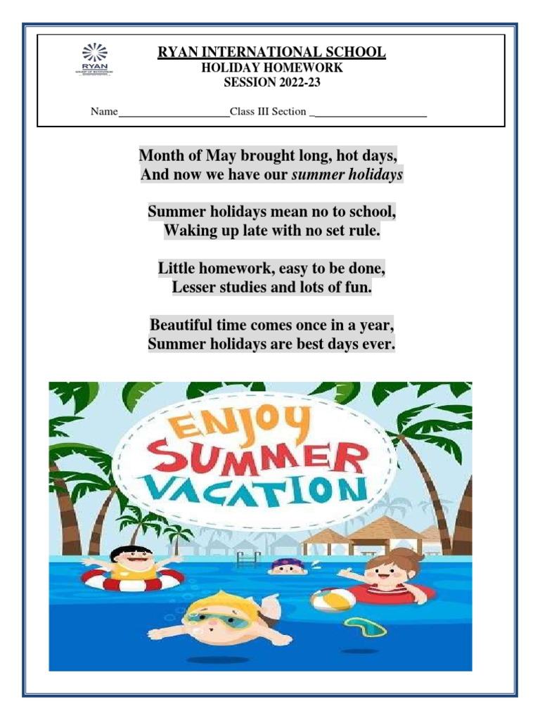Ryan International School: Holiday Homework SESSION 2022-23 | PDF ...
