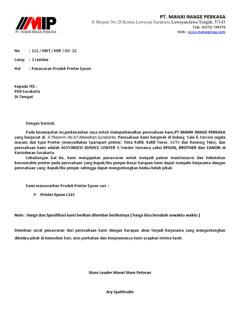 Contoh Penawaran Printer | PDF