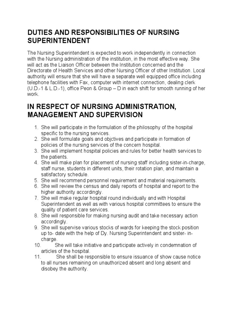 Duties and Responsibilities of Nursing Superintendent | PDF | Nursing ...