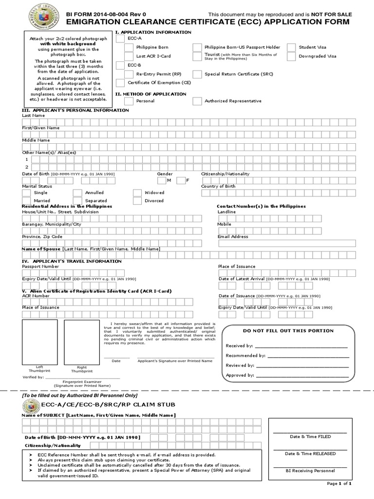 Emigration Clearance Certificate (Ecc) Application Form | PDF | Travel ...
