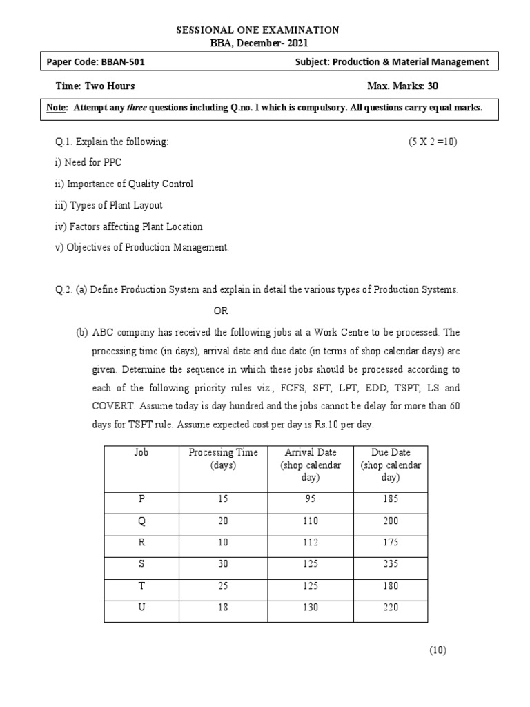 1st Sessional Question Paper Production and Material Management | PDF | Computing