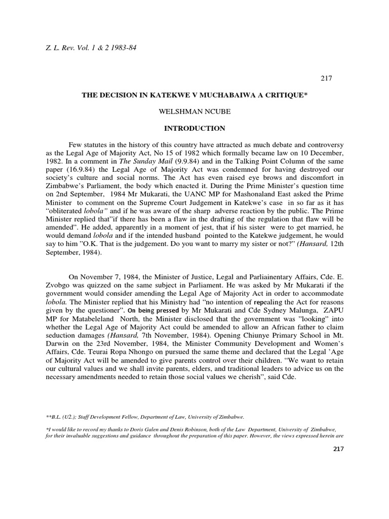 Ncube - W - THE DECISION IN KATEKWE V MUCHABAIWA A CRITIQUE | PDF ...