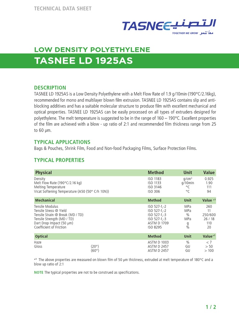 Tasnee LD 1925as: Low Density Polyethylene | PDF | Polyethylene | Extrusion