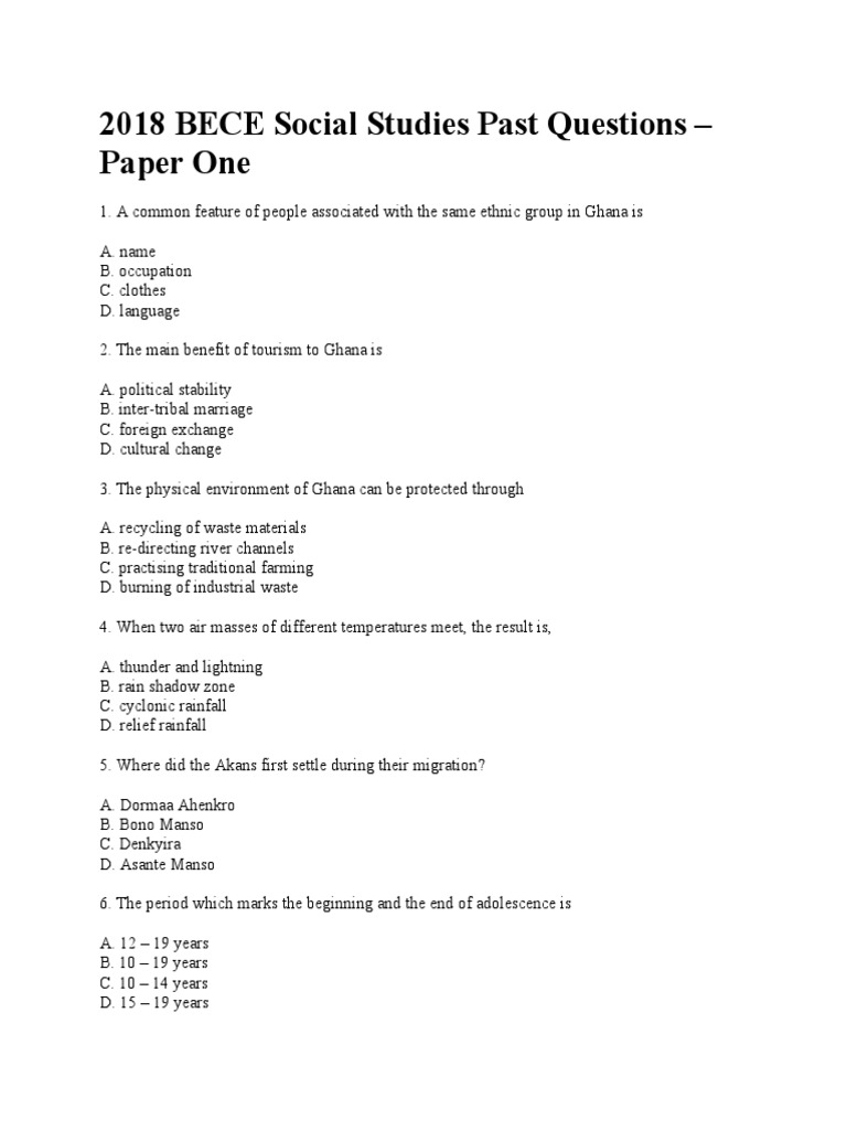 2018 BECE Social Studies Past Questions - Paper One | Download Free PDF ...
