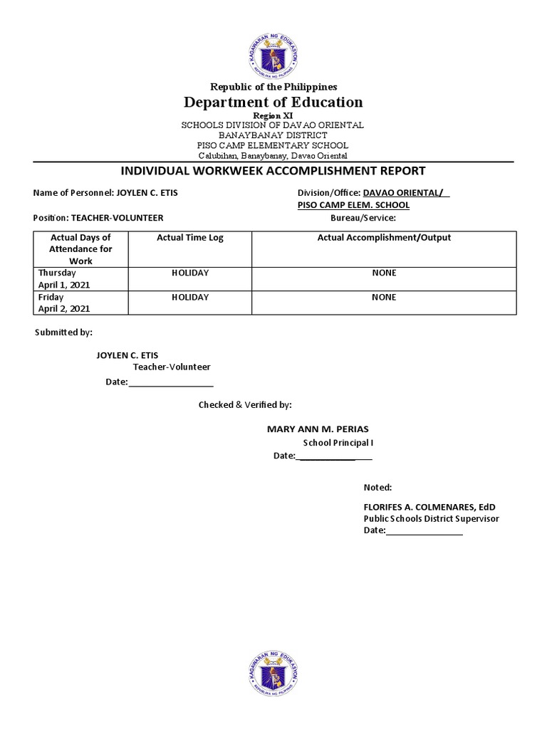 Department of Education: Individual Workweek Accomplishment Report ...