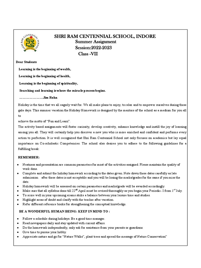 Shri Ram Centennial School, Indore Summer Assignment Session:2022-2023 ...