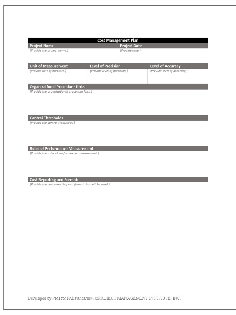 Cost Management Plan Project Name Project Date: Developed by Pmi For ...