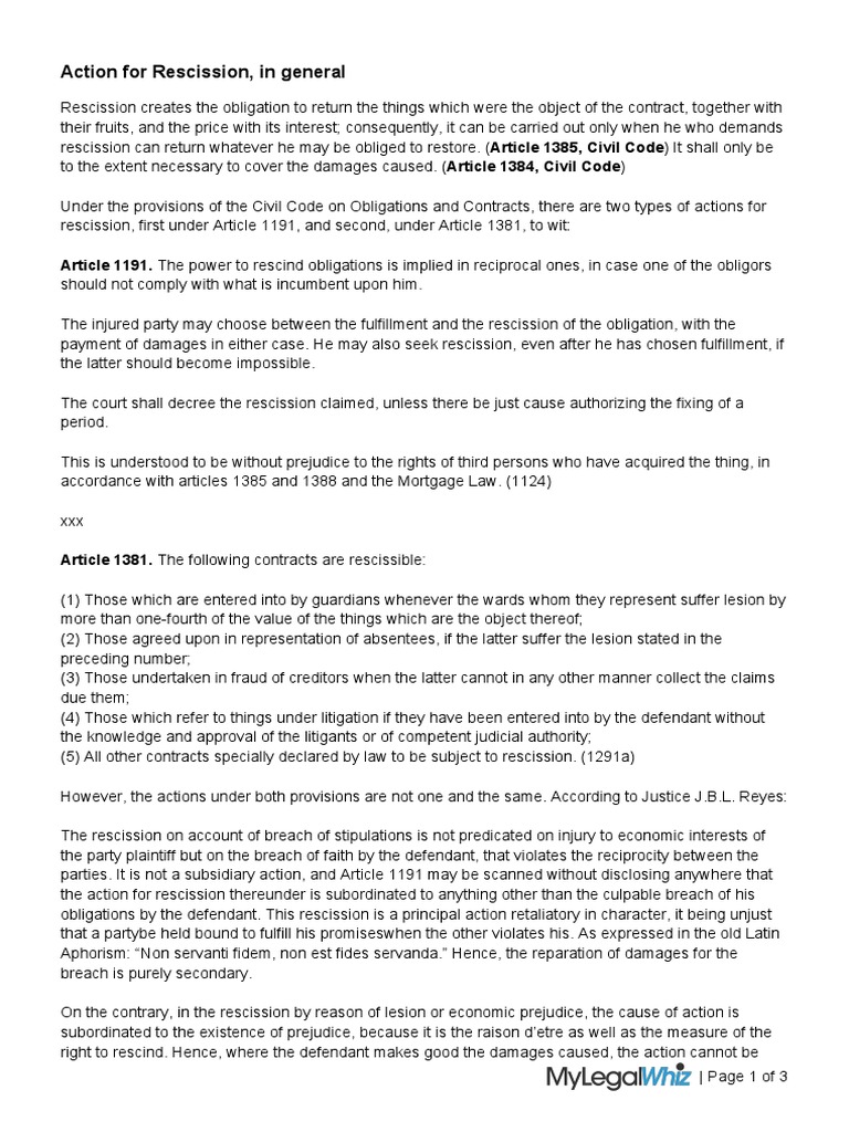 Action For Rescission in General | PDF | Breach Of Contract | Legal Remedy