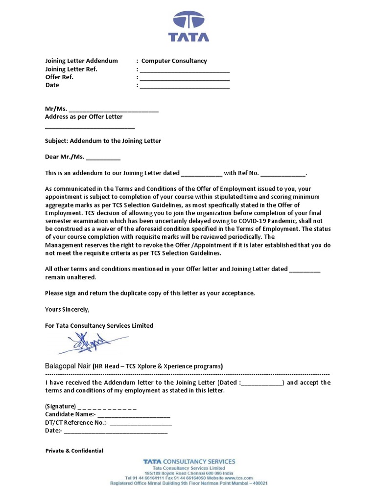 Tcs Addendum Sample + Format | PDF