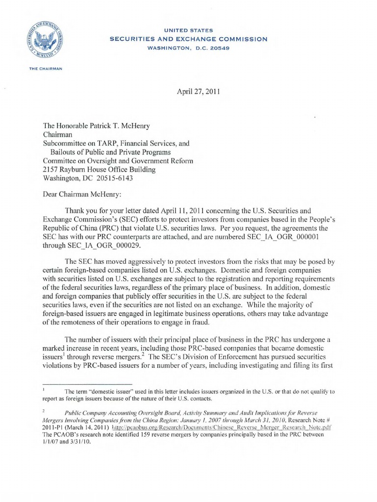 Response Letter From SEC Chairman Schapiro To Congressman McHenry ...