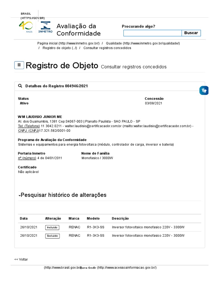 Certificado Inmetro - Inversor Renac 3K | PDF