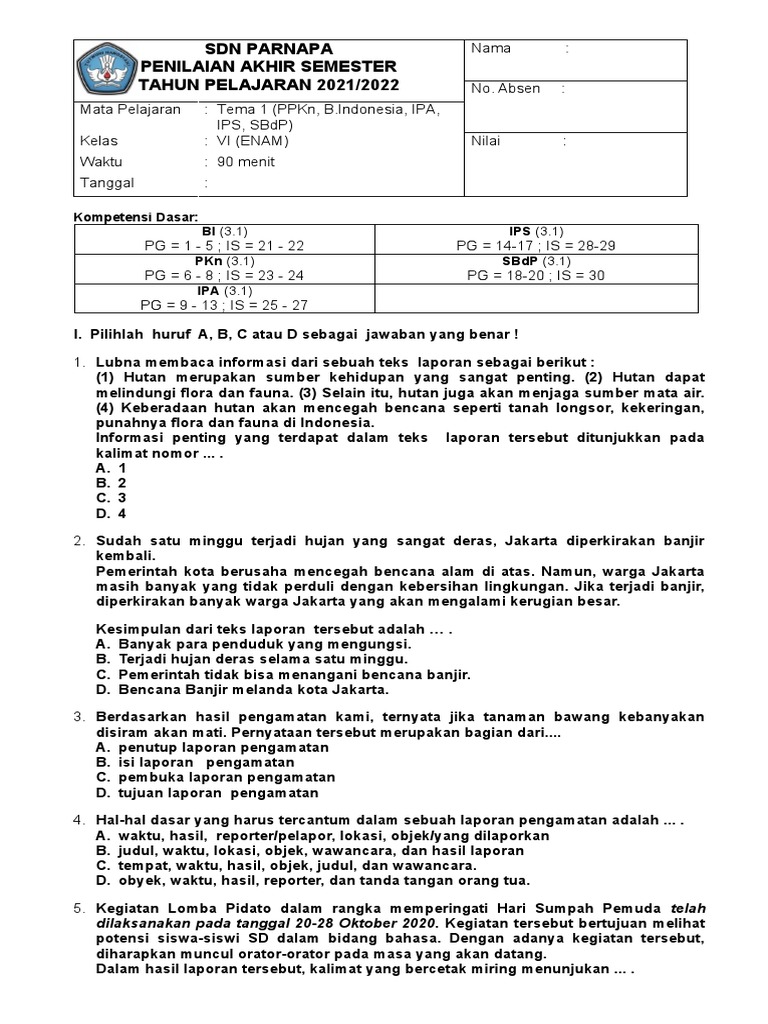Pas Kelas 6 Tema 1 | PDF