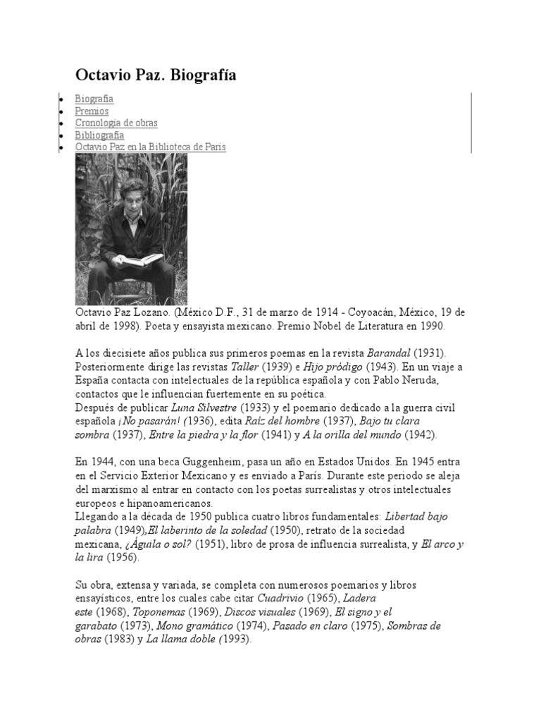 Biografía de Octavio Paz | PDF | Clásicos