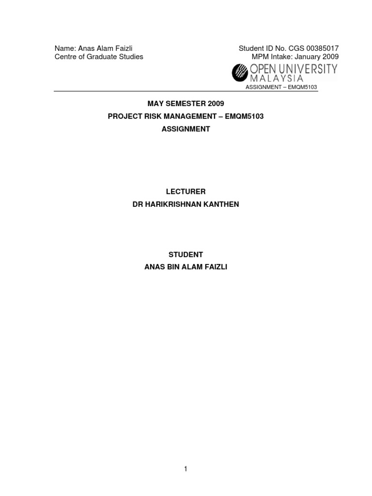 Anas Alam Faizli, Master of Proj MGMT: Assignment Project Quality Management, EMQM5103 | PDF ...