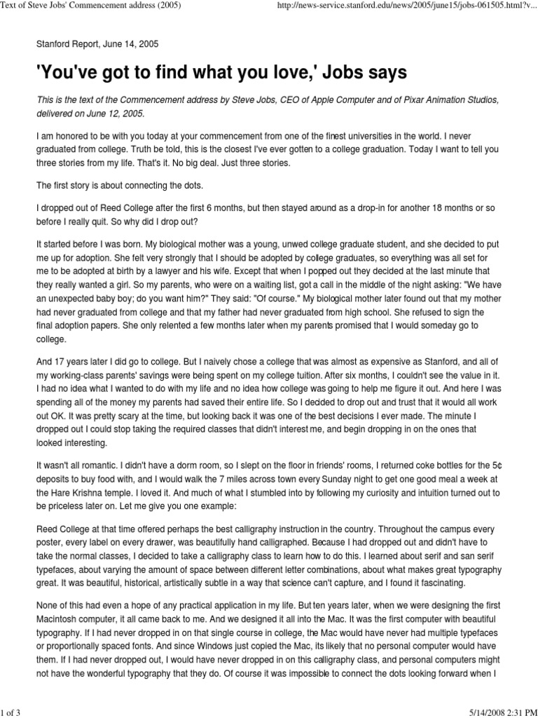 Text of Steve Jobs' Commencement Address | PDF | Pancreatic Cancer ...