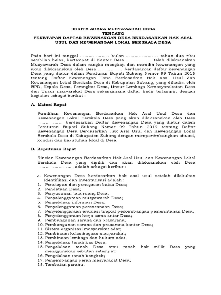 Contoh Draft Berita Acara Musyarawah Desa TTG Rancangan Perdes ...