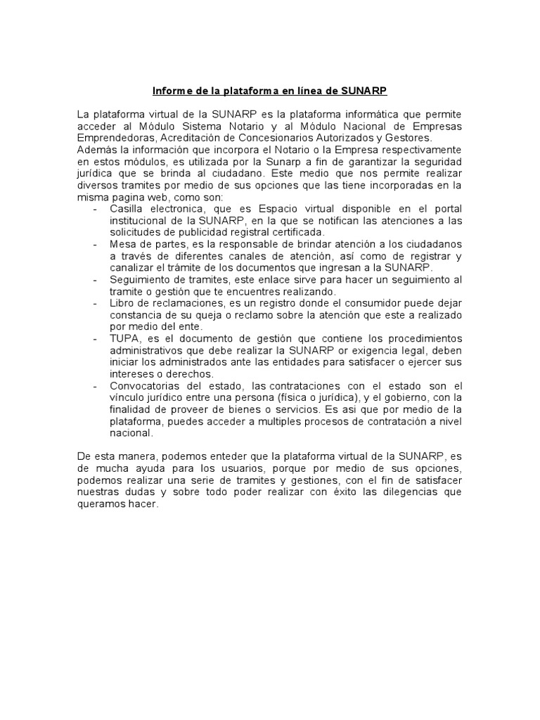 Informe de La Plataforma en Línea de SUNARP | PDF